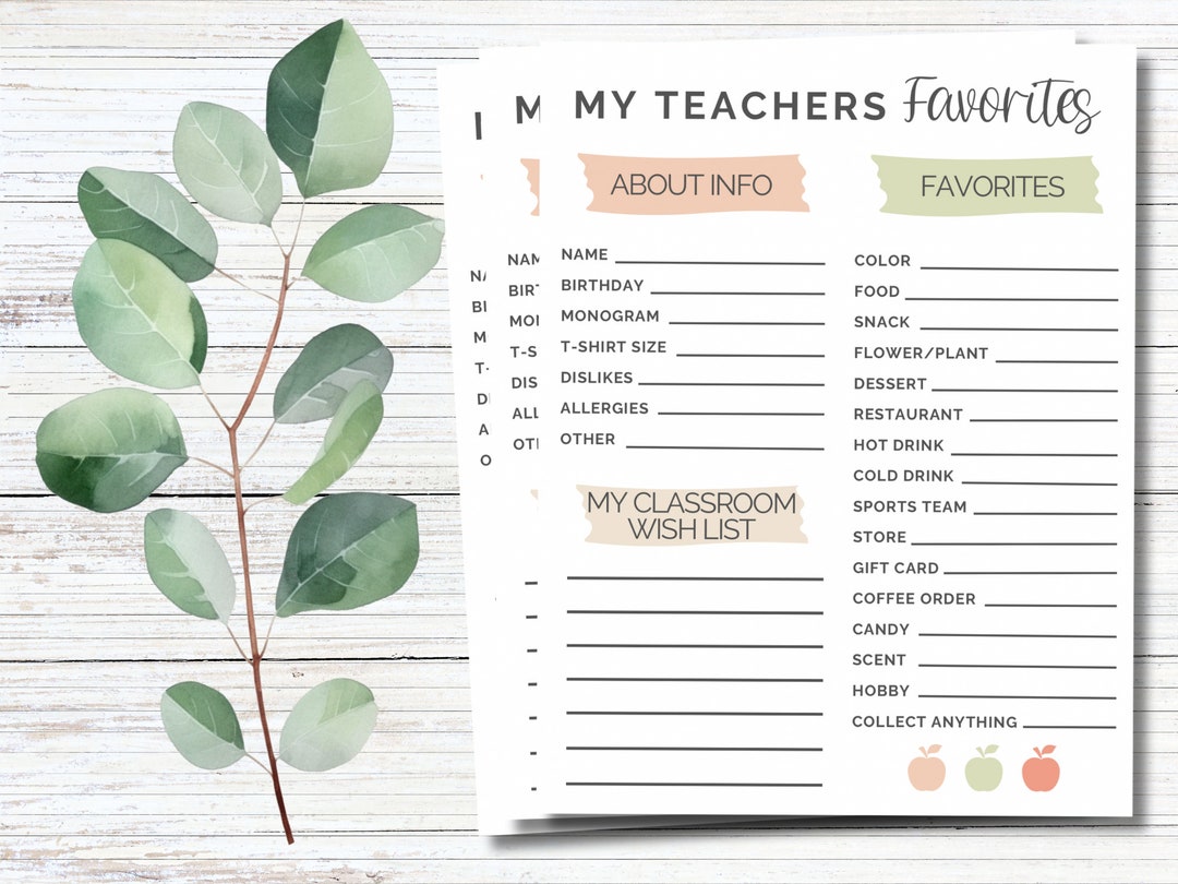 Teachers Favorites Survey Printable | Teachers Favorites Form ...