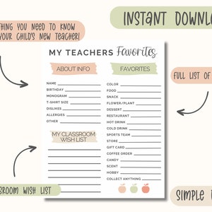 Teachers Favorites Survey Printable | Teachers Favorites Form ...