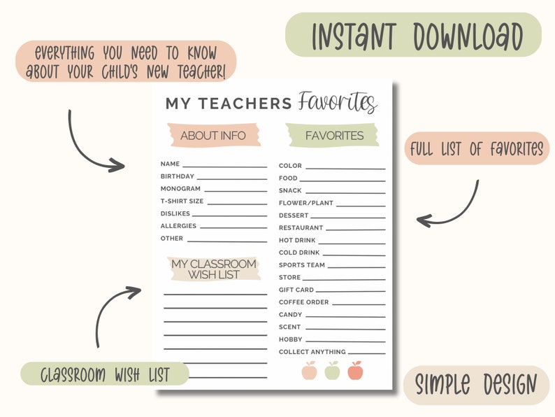 Teachers Favorites Survey Printable | Teachers Favorites Form ...