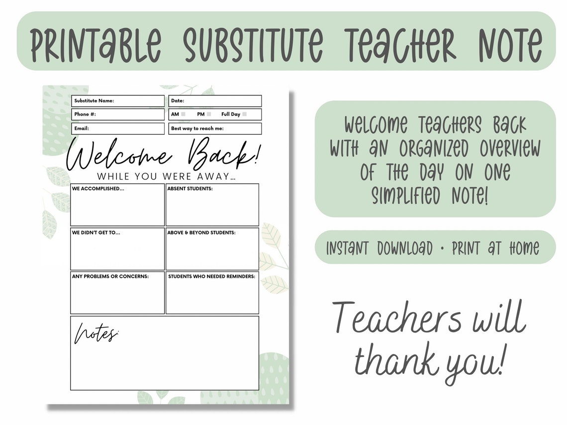 Substitute Teacher Welcome Back Note Printable - Etsy
