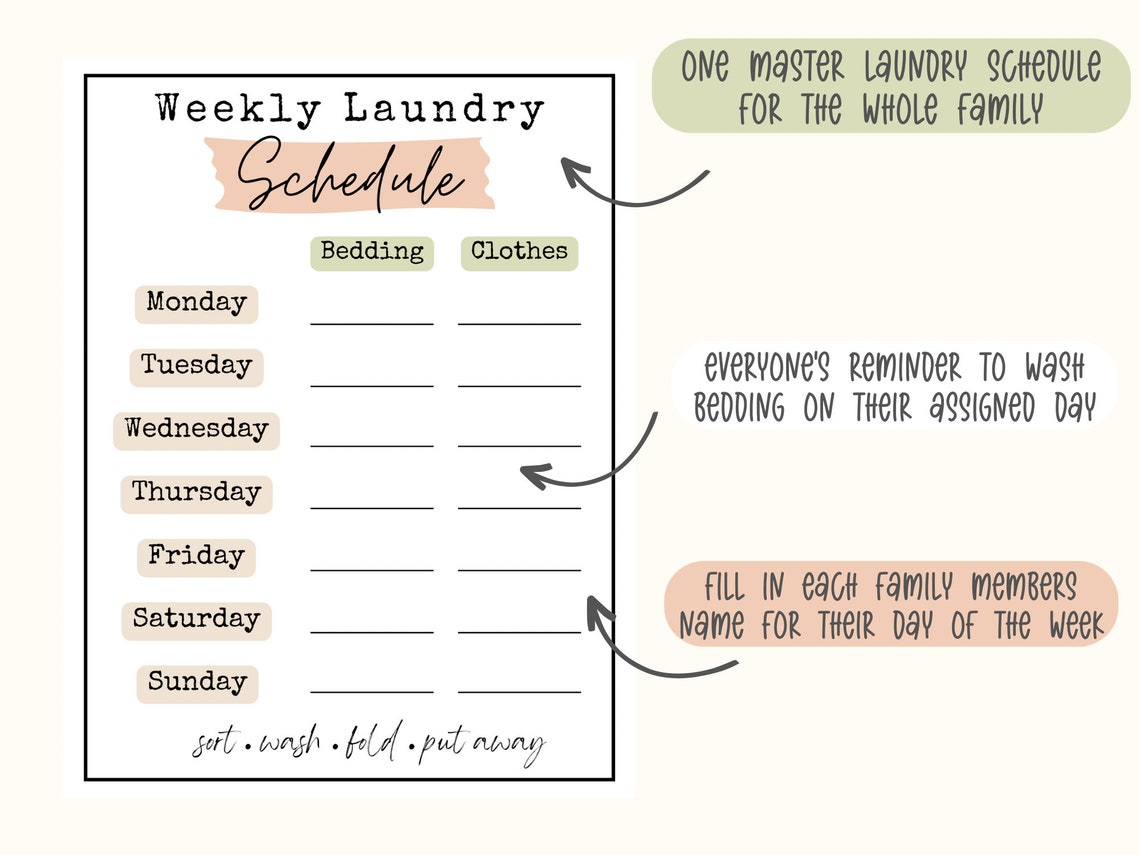 Weekly Laundry Schedule Printable | Family Laundry Plan | Weekly ...