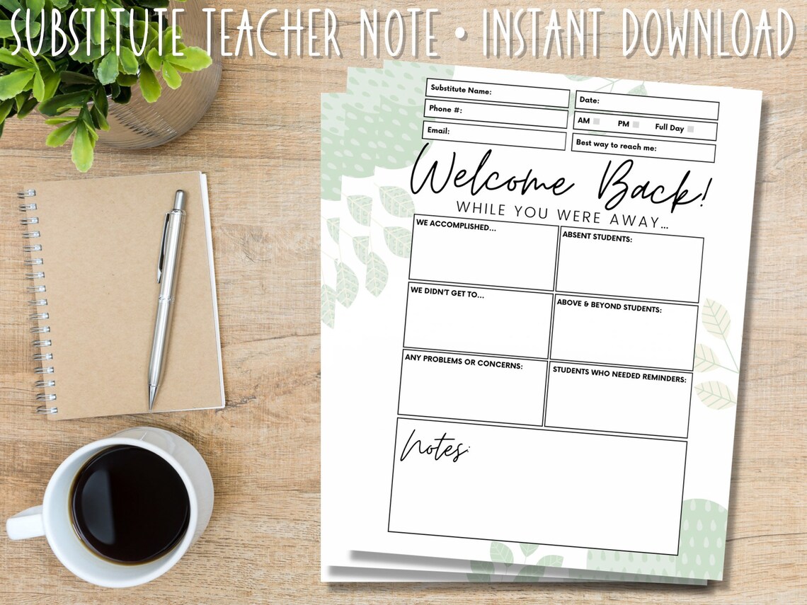 Substitute Teacher Welcome Back Note Printable - Etsy
