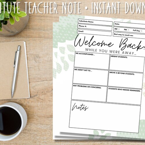 Substitute Teacher Welcome Back Note Printable - Etsy