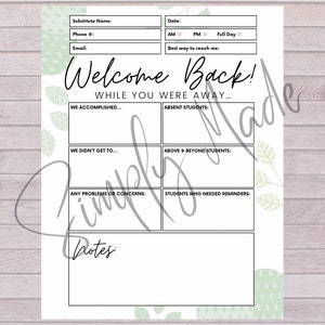 Substitute Teacher Welcome Back Note Printable - Etsy