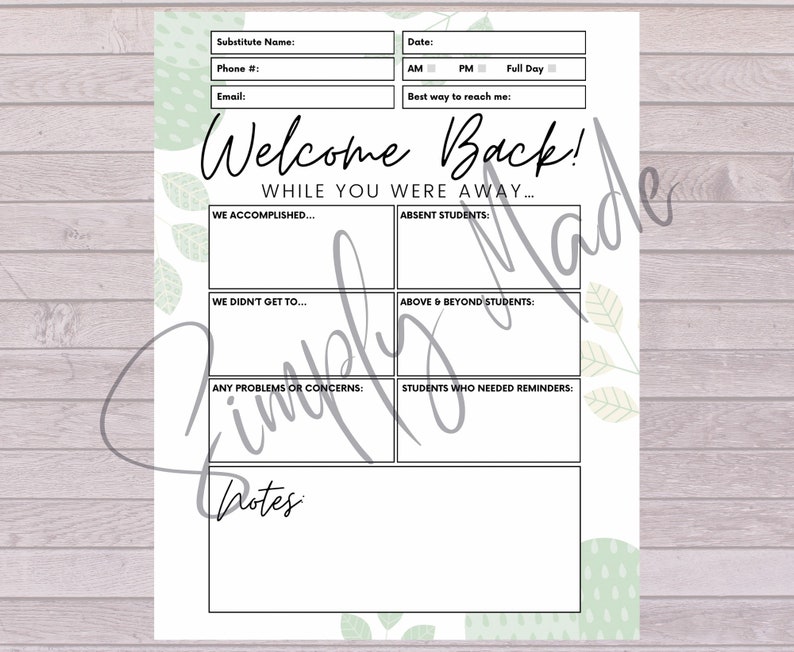 Substitute Teacher Welcome Back Note Printable - Etsy