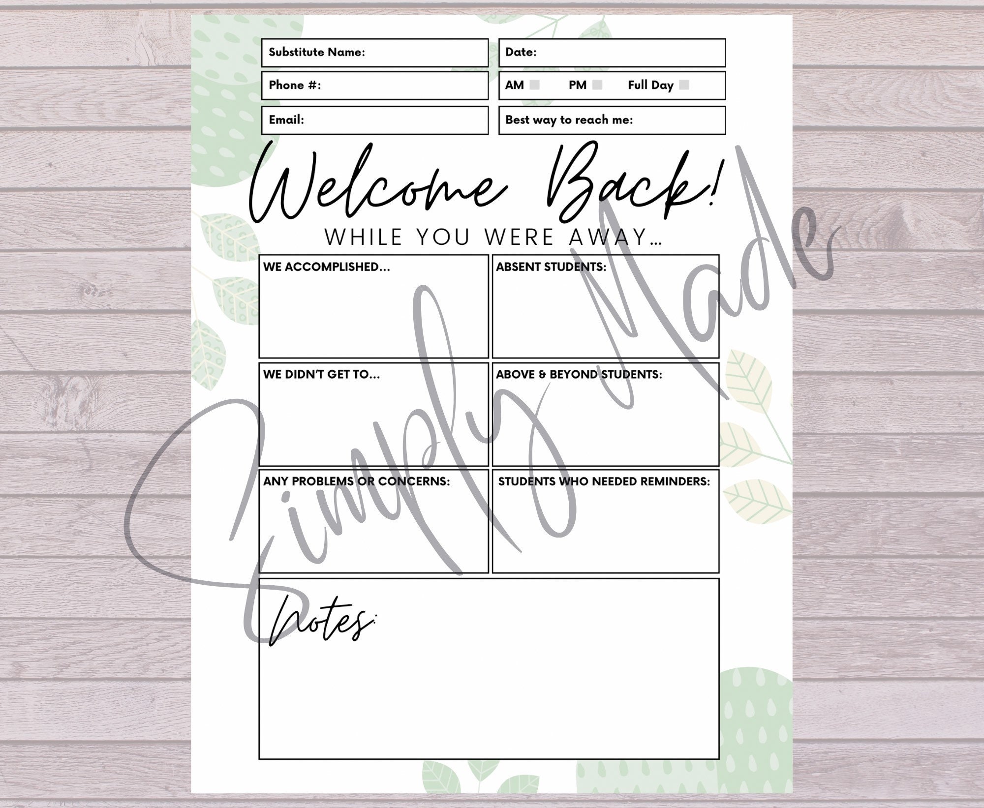 Substitute Teacher Welcome Back Note Printable - Etsy