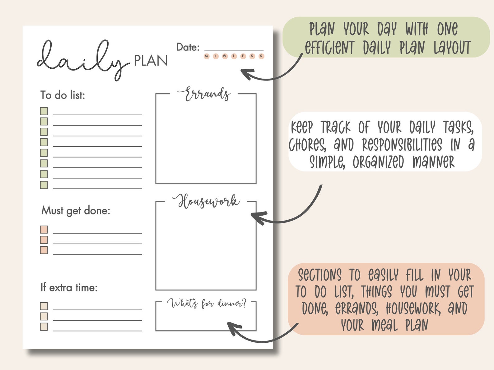 Daily Weekly Monthly Productivity Planner Printable Bundle | Fillable ...