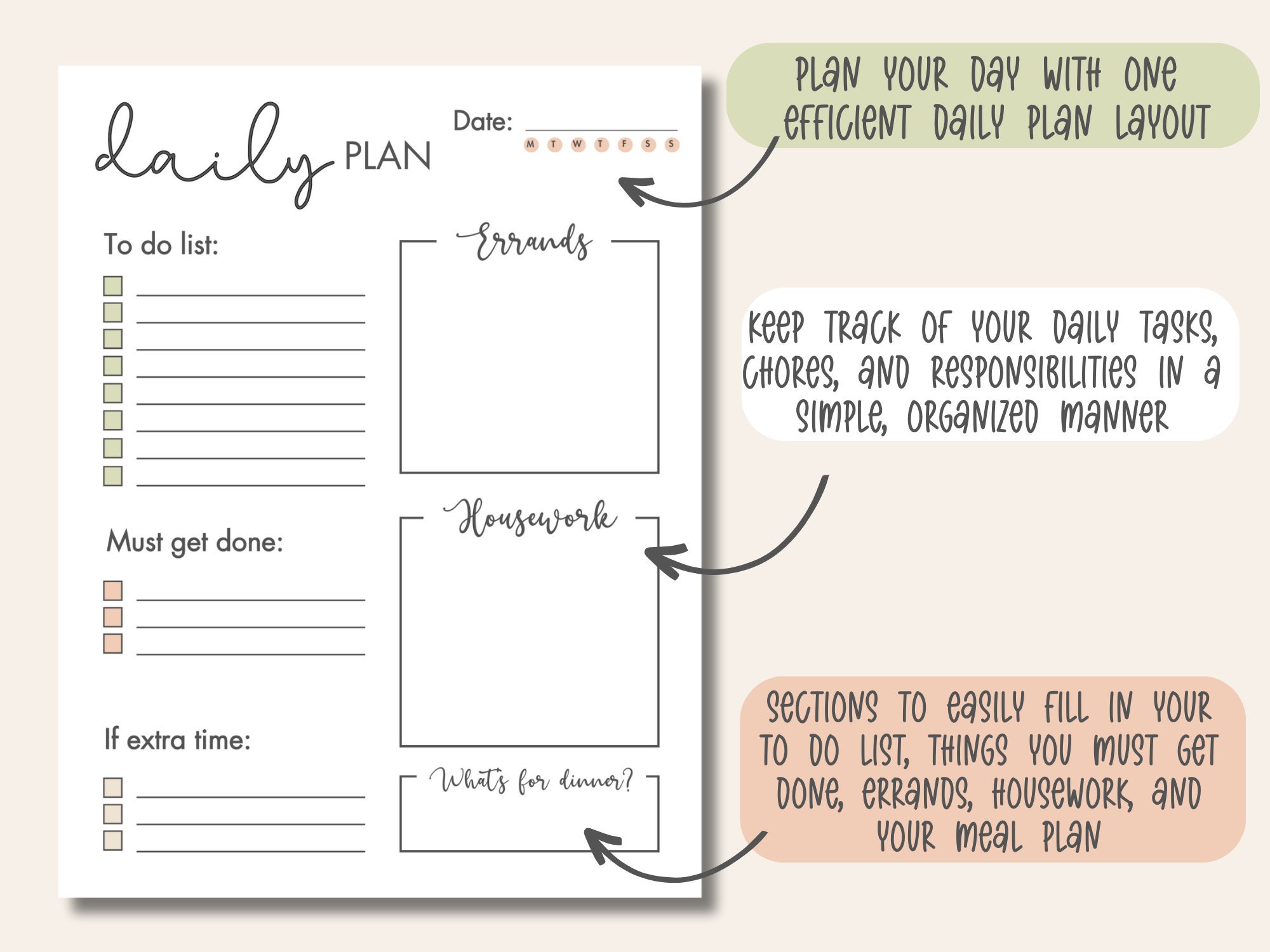Daily Weekly Monthly Productivity Planner Printable Bundle | Fillable ...