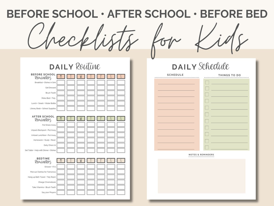 Before and After School Checklist for Kids Printable | Kids Chore Chart ...