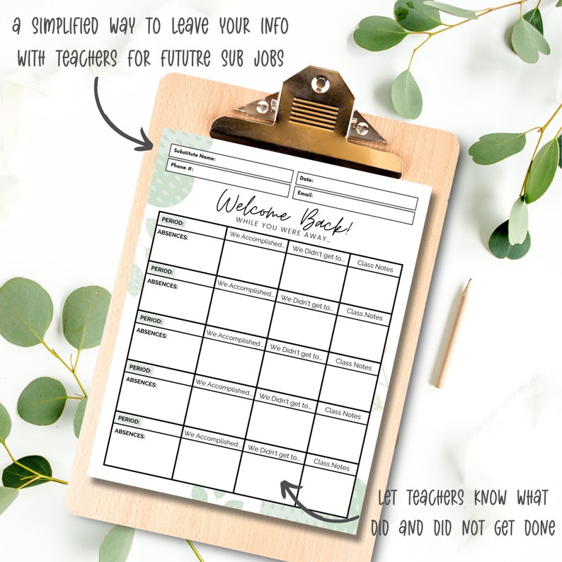 Substitute Teacher Note Printable for Middle School & High School | Sub ...