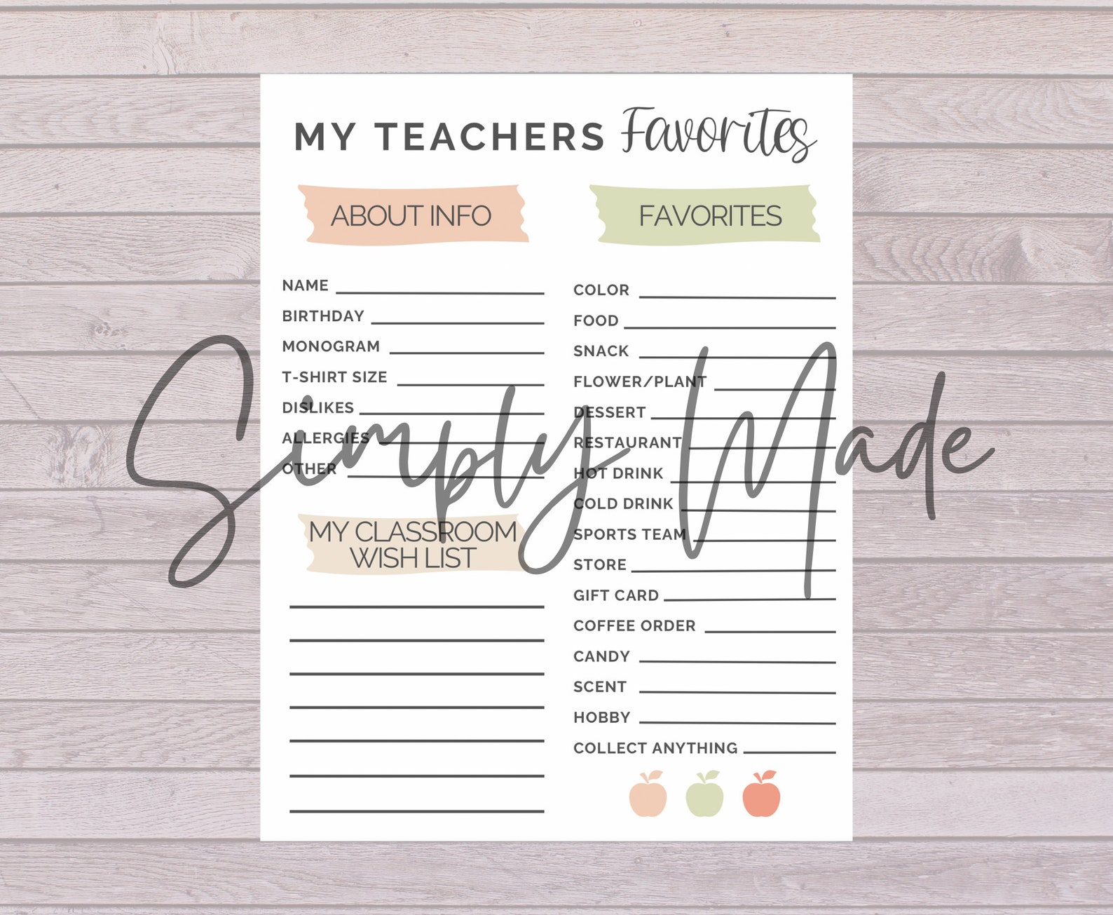Teachers Favorites Survey Printable | Teachers Favorites Form ...