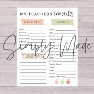 Teachers Favorites Survey Printable | Teachers Favorites Form ...