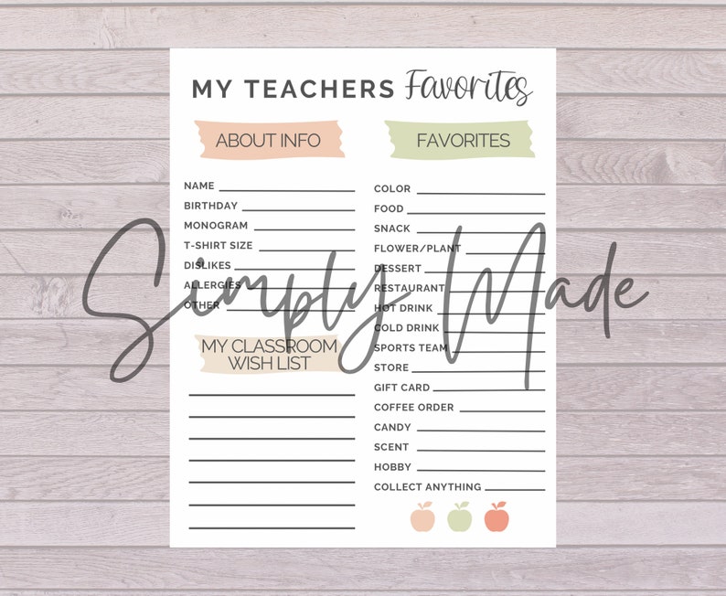 Teachers Favorites Survey Printable | Teachers Favorites Form ...