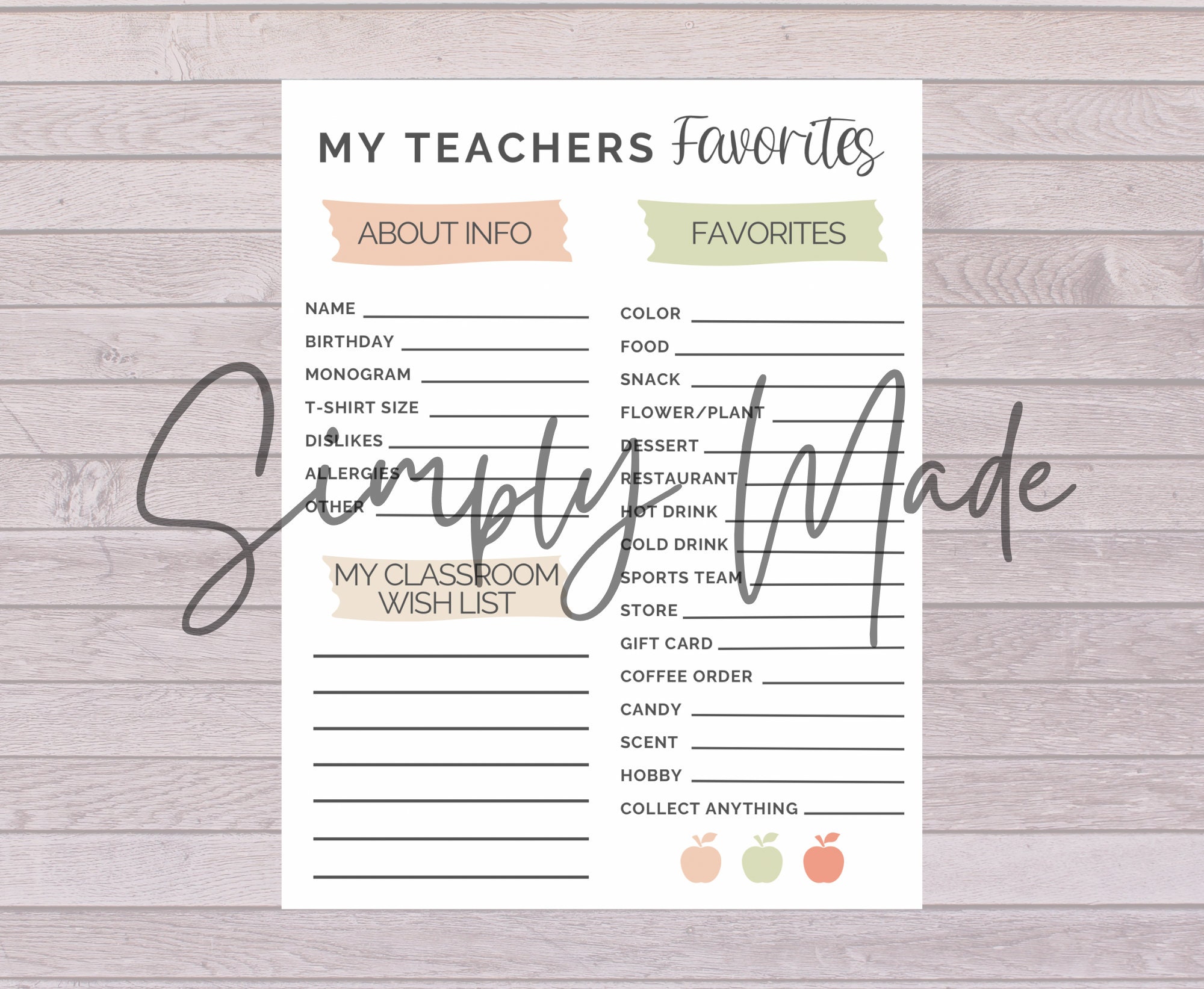 Teachers Favorites Survey Printable | Teachers Favorites Form ...