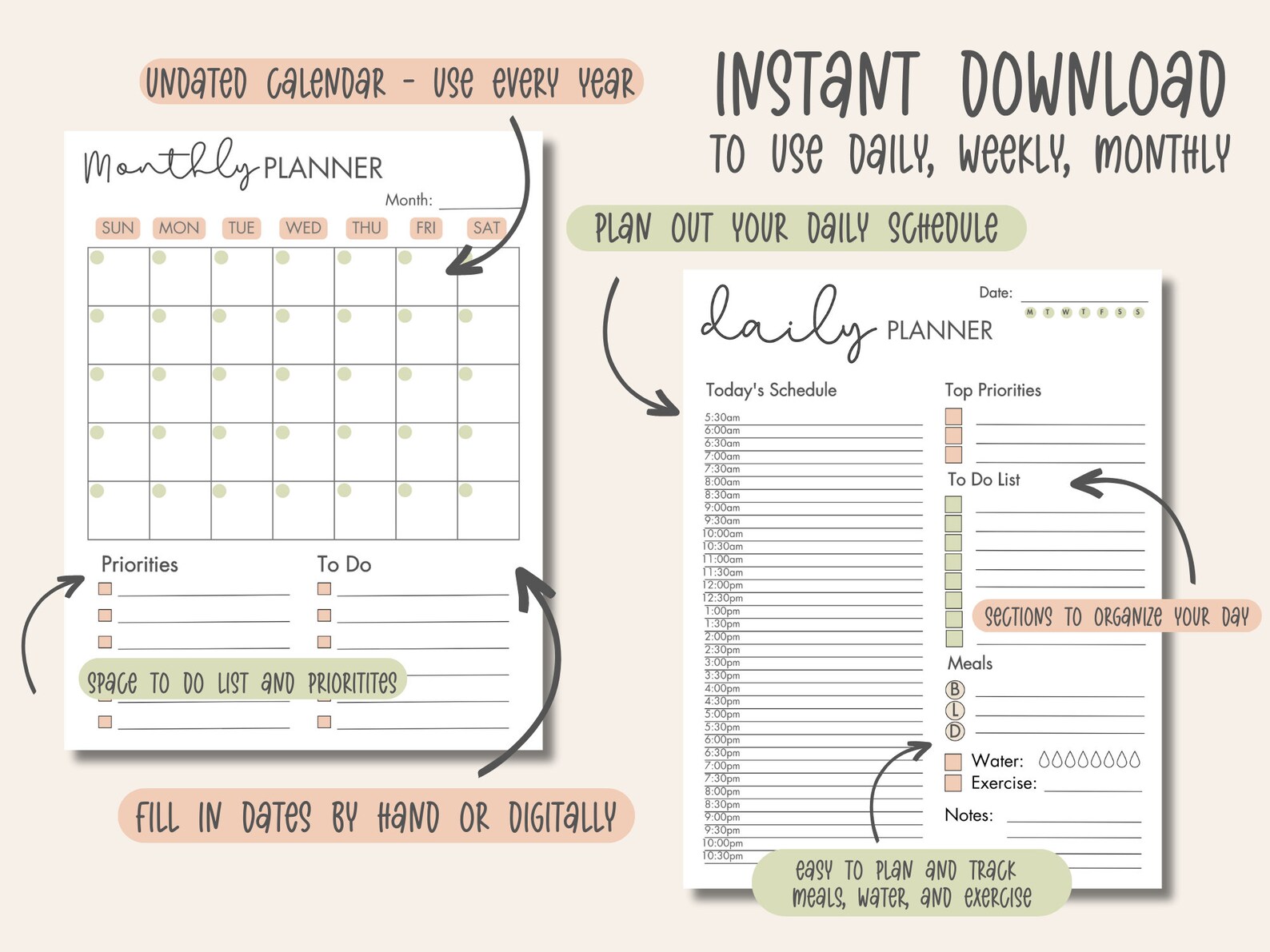 Daily Weekly Monthly Productivity Planner Printable Bundle | Fillable ...