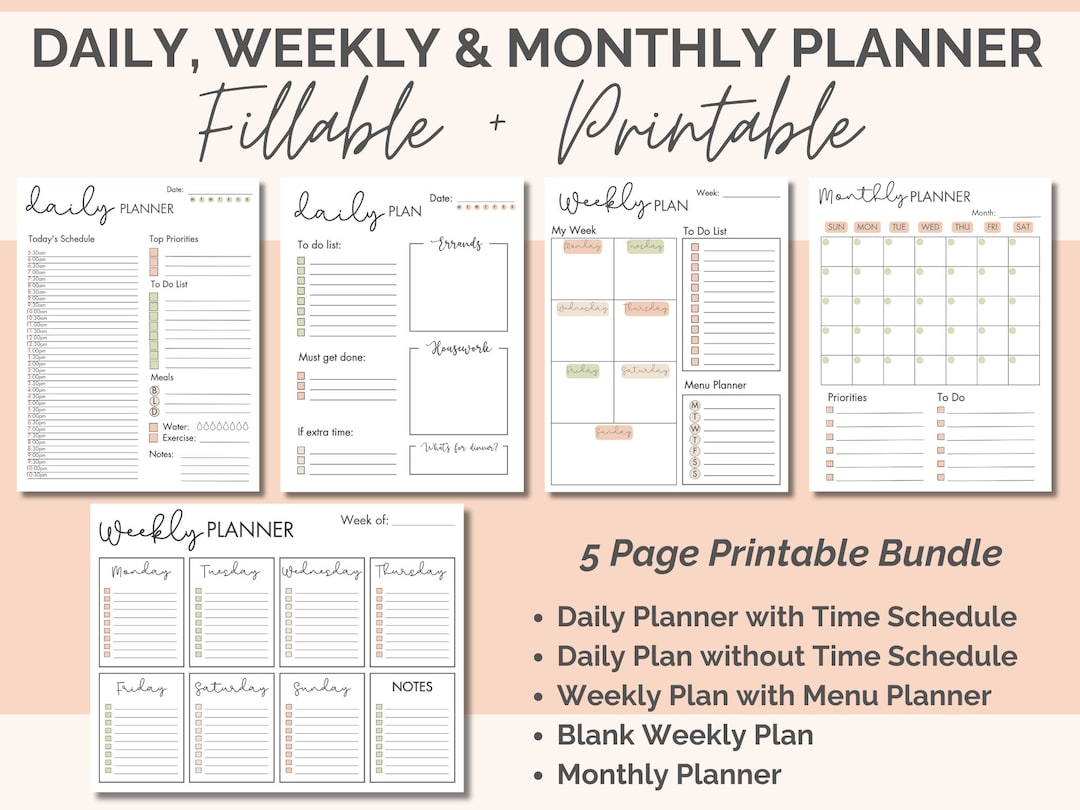 Daily Weekly Monthly Productivity Planner Printable Bundle | Fillable ...