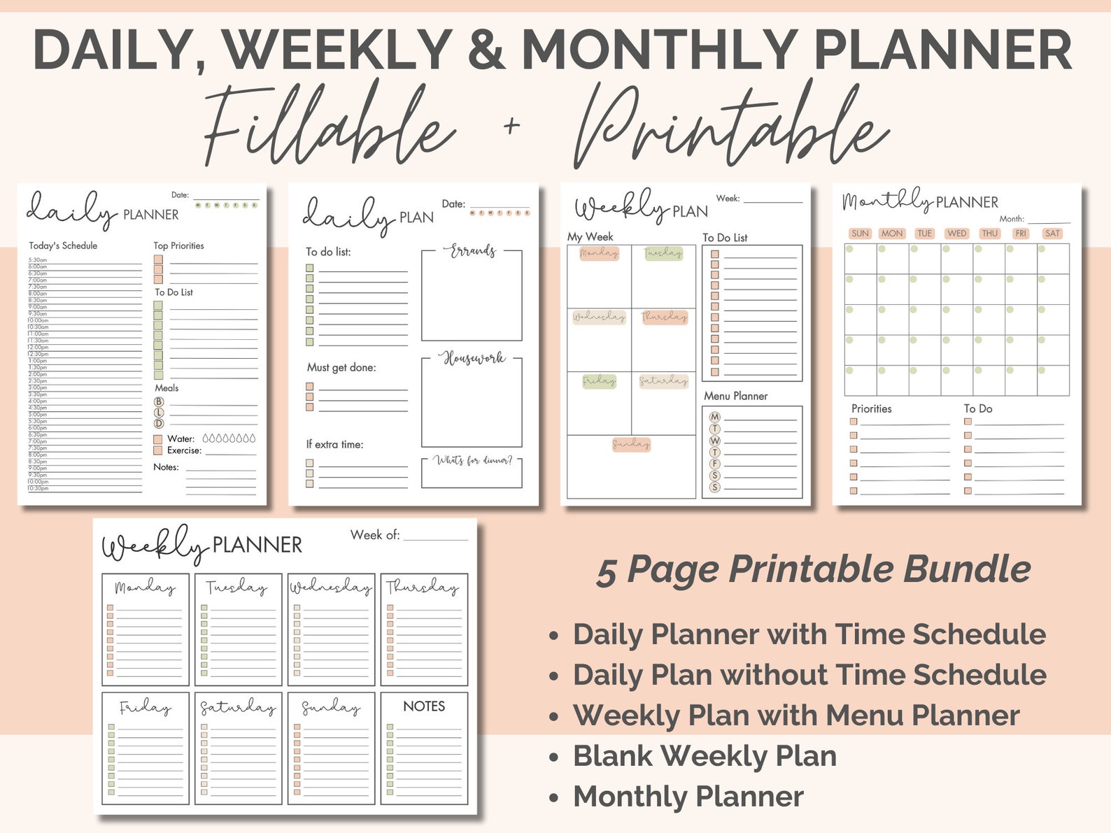 Daily Weekly Monthly Productivity Planner Printable Bundle | Fillable ...
