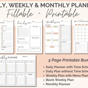Daily Weekly Monthly Productivity Planner Printable Bundle | Fillable ...
