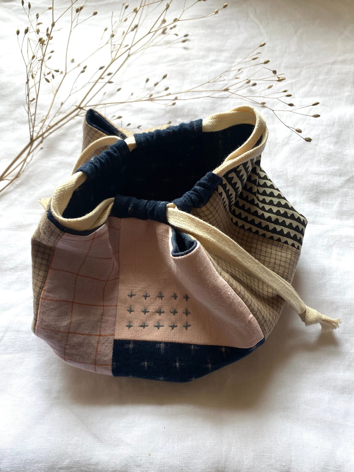 Sashiko Stitched Linen Rice Bag With Boro Patches Cosmetic Pouch - Etsy