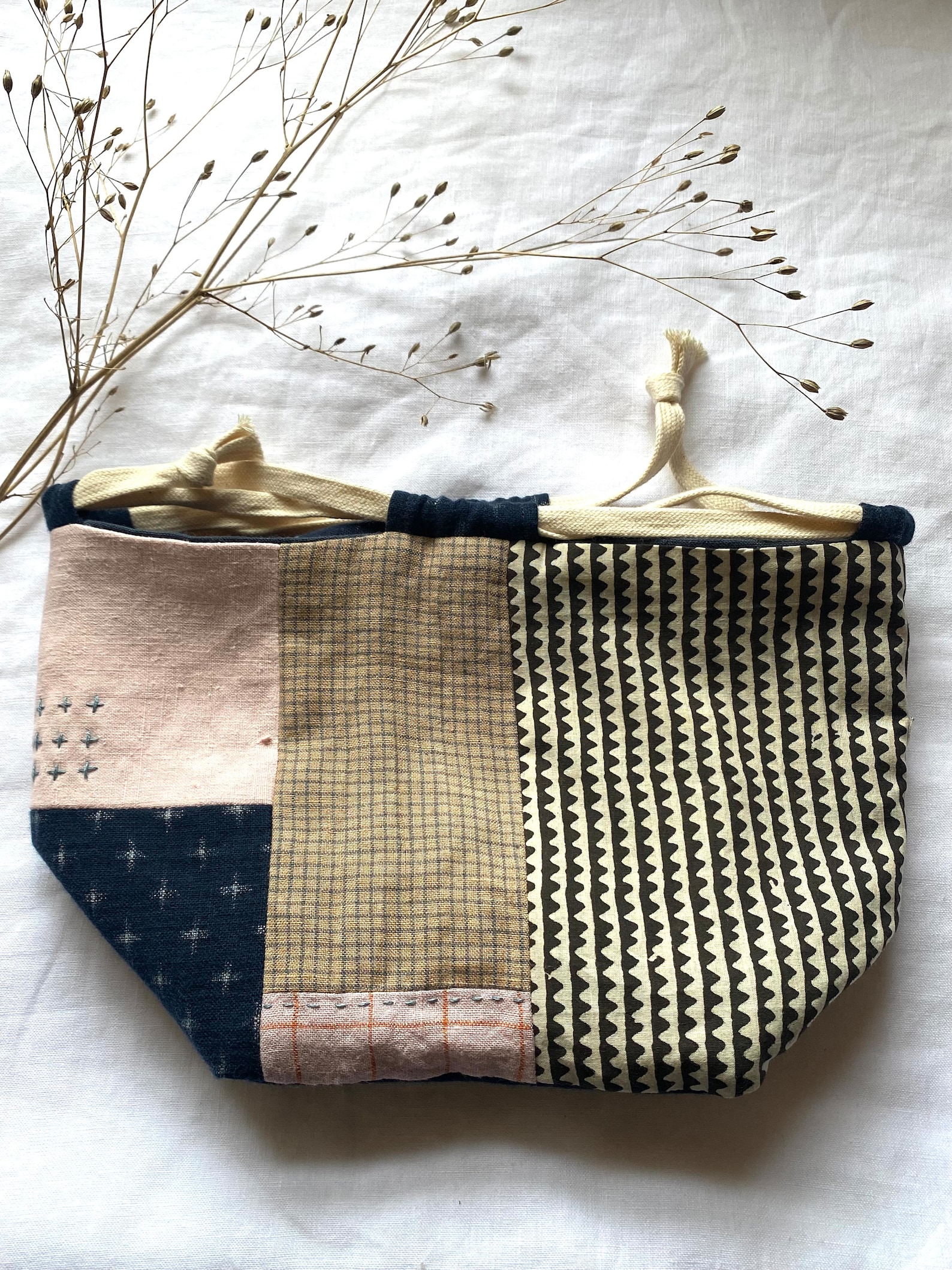 Sashiko Stitched Linen Rice Bag With Boro Patches Cosmetic Pouch - Etsy
