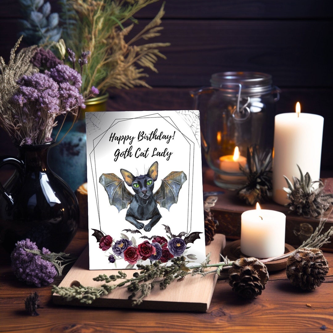 Goth Cat Lady Birthday Card With a Cute Bat Cat as a Digital Download ...