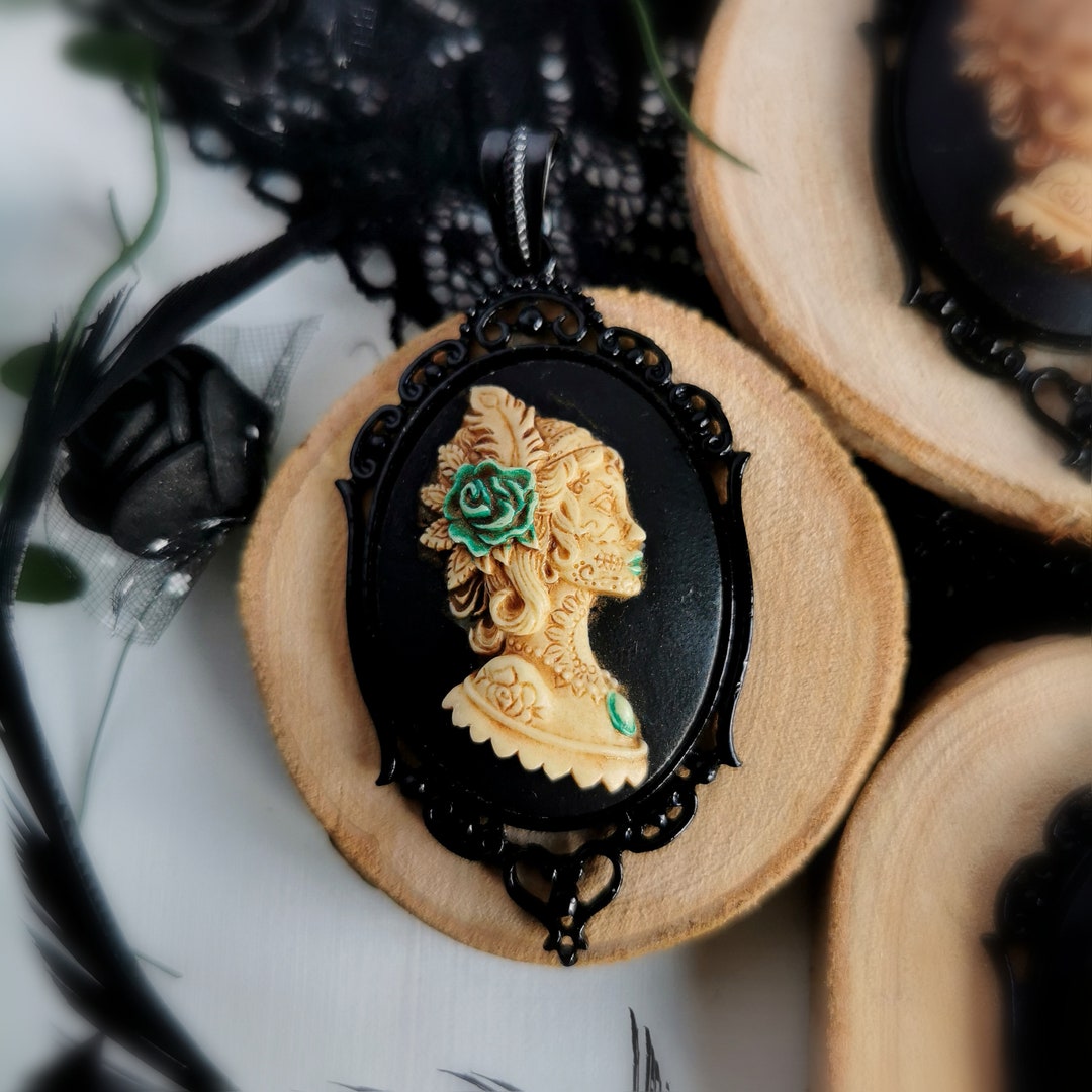 La Catrina Voodoo Pendant With Ivory Roses on Black as a - Etsy