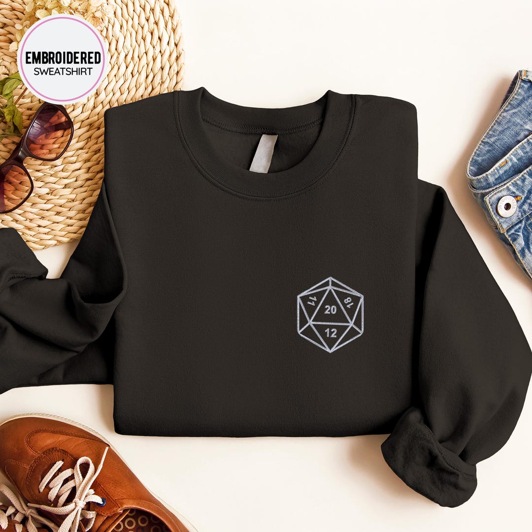 Dungeon Dice Embroidered Sweatshirt: D&D Gamer Crewneck, D20 Embroidery ...