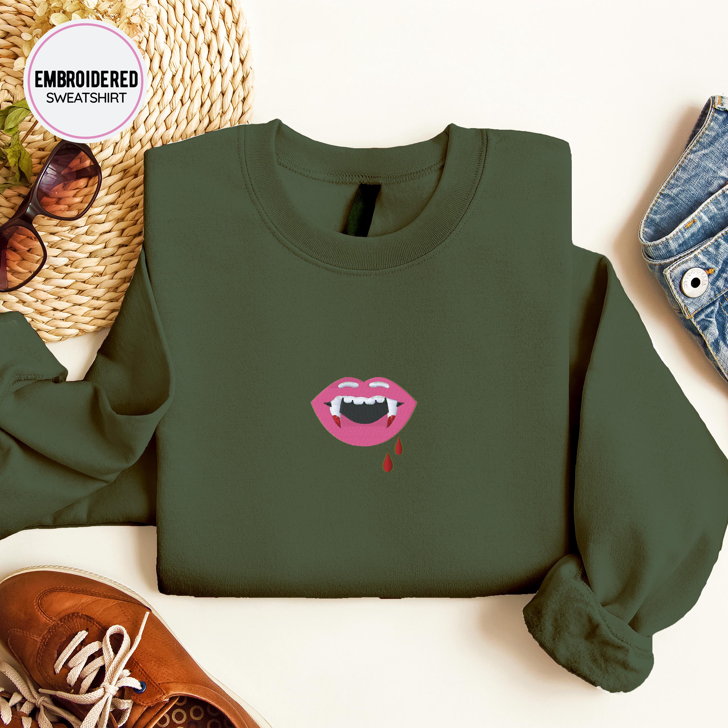 Vampire Lips Embroidery Sweatshirt, Halloween Embroidery, Lips Blood ...