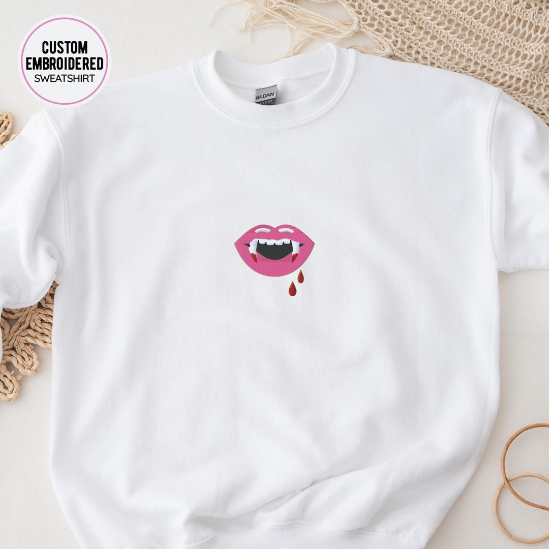 Vampire Lips Embroidery Sweatshirt, Halloween Embroidery, Lips Blood ...