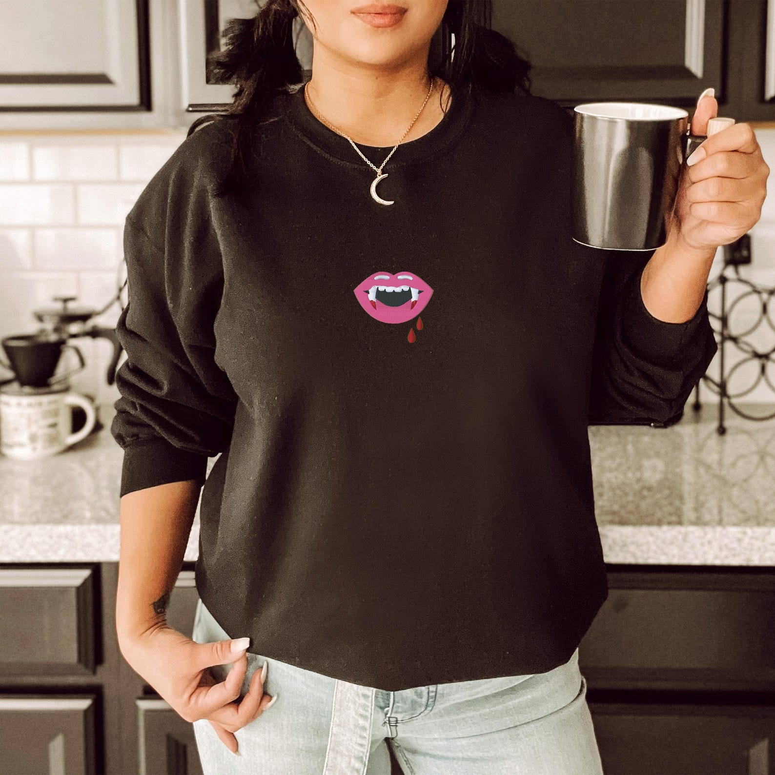 Vampire Lips Embroidery Sweatshirt, Halloween Embroidery, Lips Blood ...