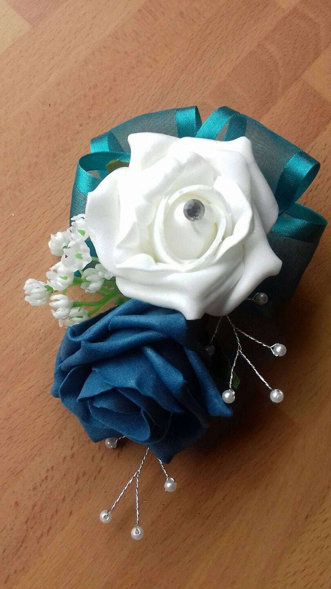 White & Teal Foam Rose Corsage With Gypsophillia,diamante,pearls and a ...