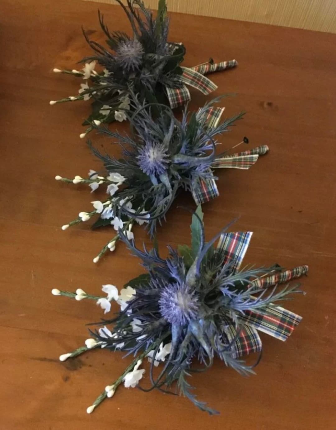 6 X Blue Scottish Thistle and White Heather Button Holes With Tartan ...