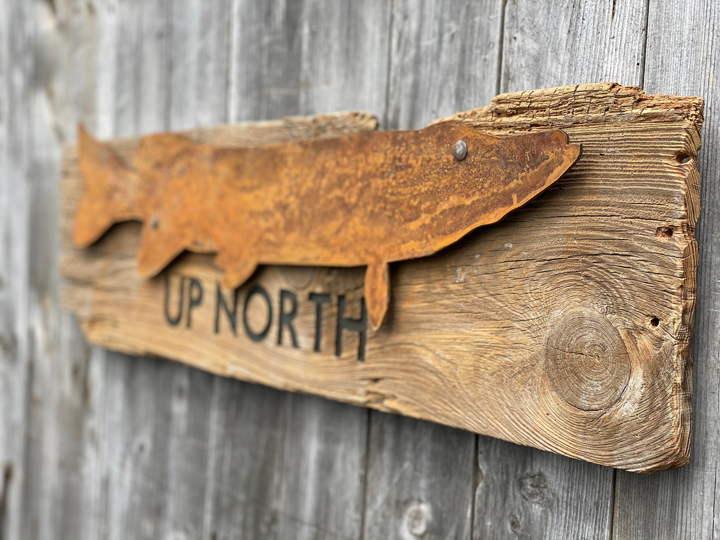 Up north fishing sign. Rusty Metal Northern pike mounted on | Etsy