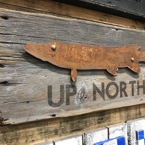 Up North Fishing Sign. Rusty Metal Northern Pike Mounted on Weather ...