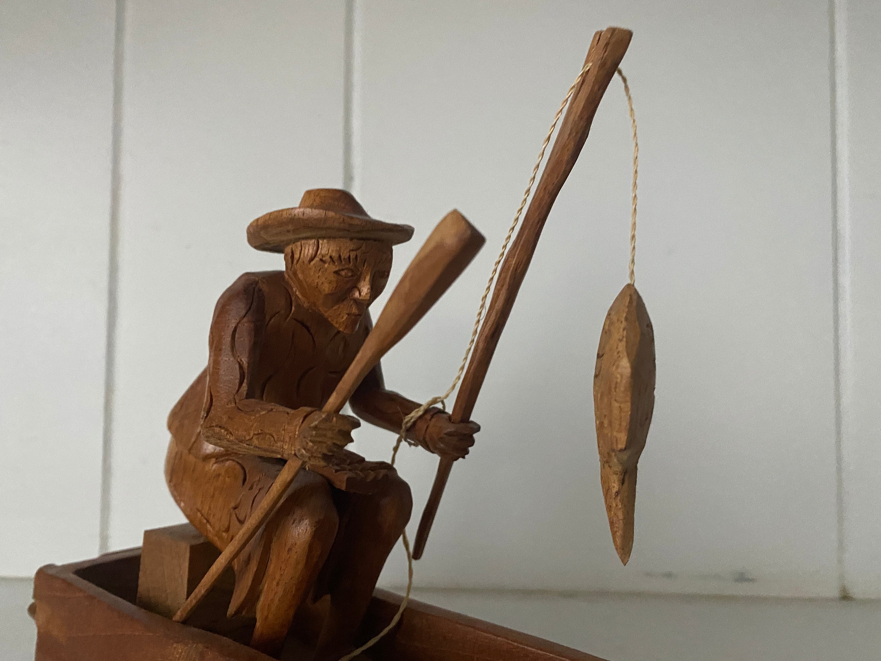 Wooden Fisherman Decoration Vintage Hand-carved Folk Art of Old Man ...