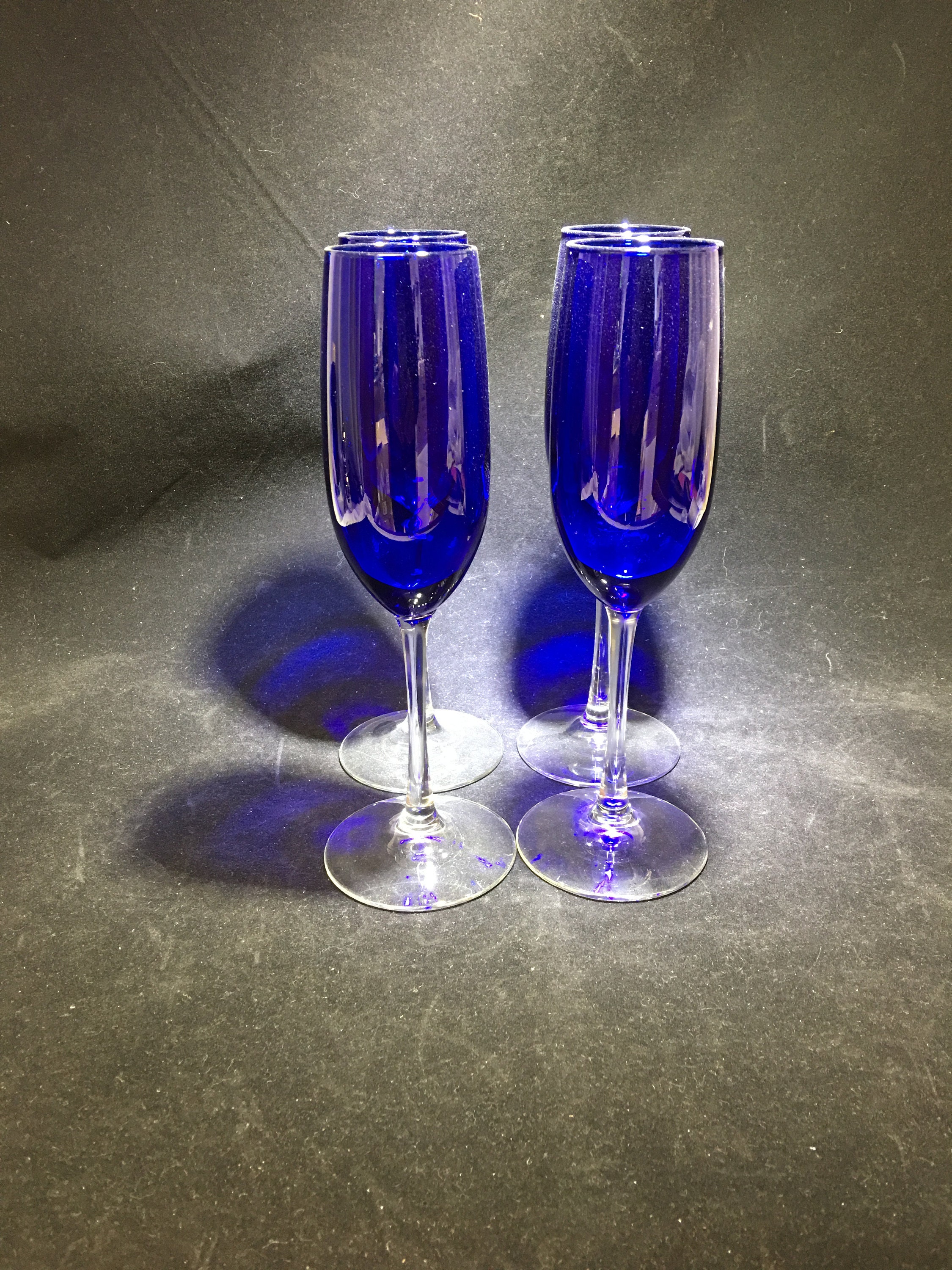 Vintage Cobalt Blue Clear Stem Champagne Flutes (8 oz), Set of 4