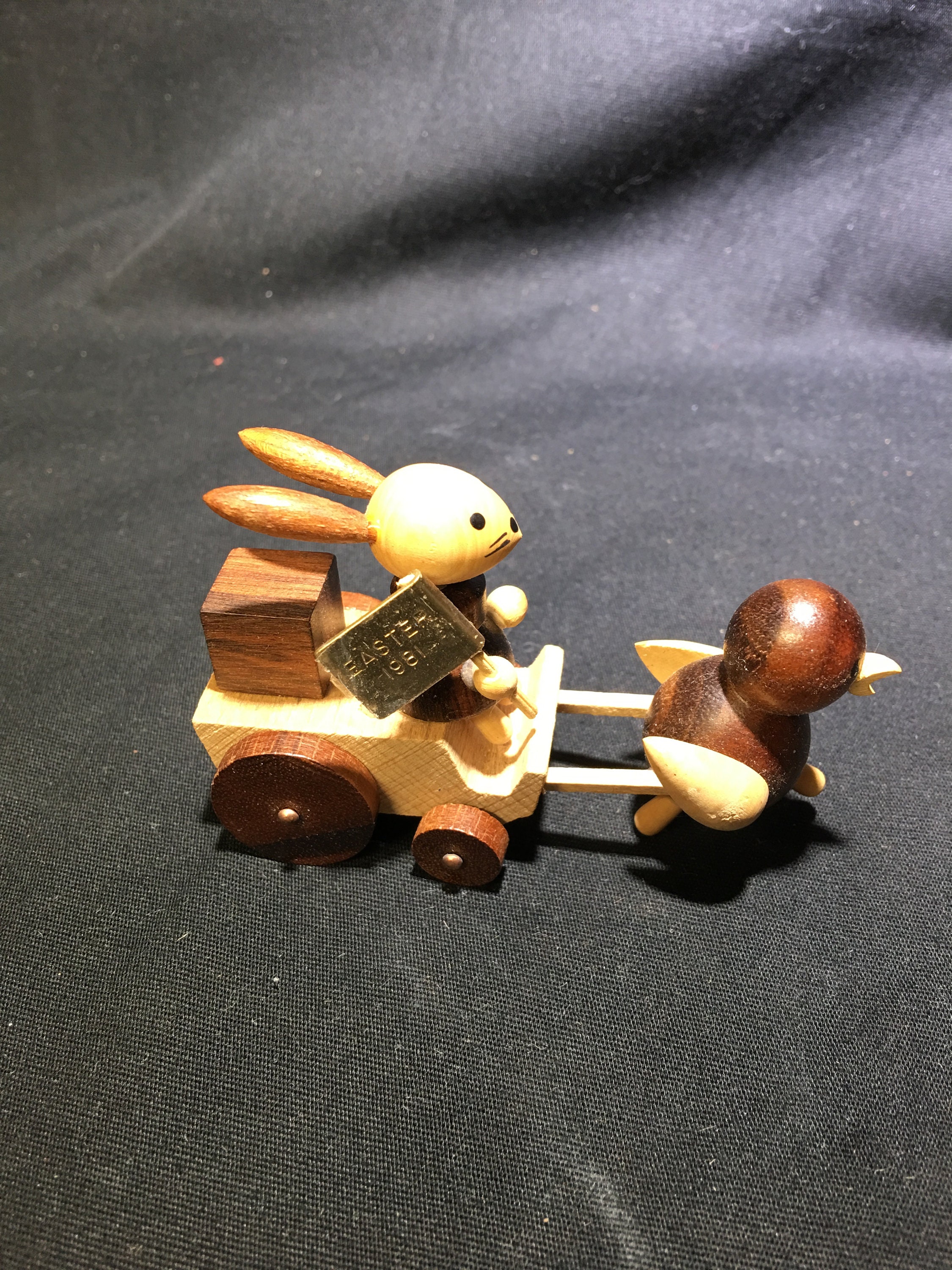 Vintage Goula Miniature Wooden Toy, Easter Bunny and Chick Pulling Cart ...