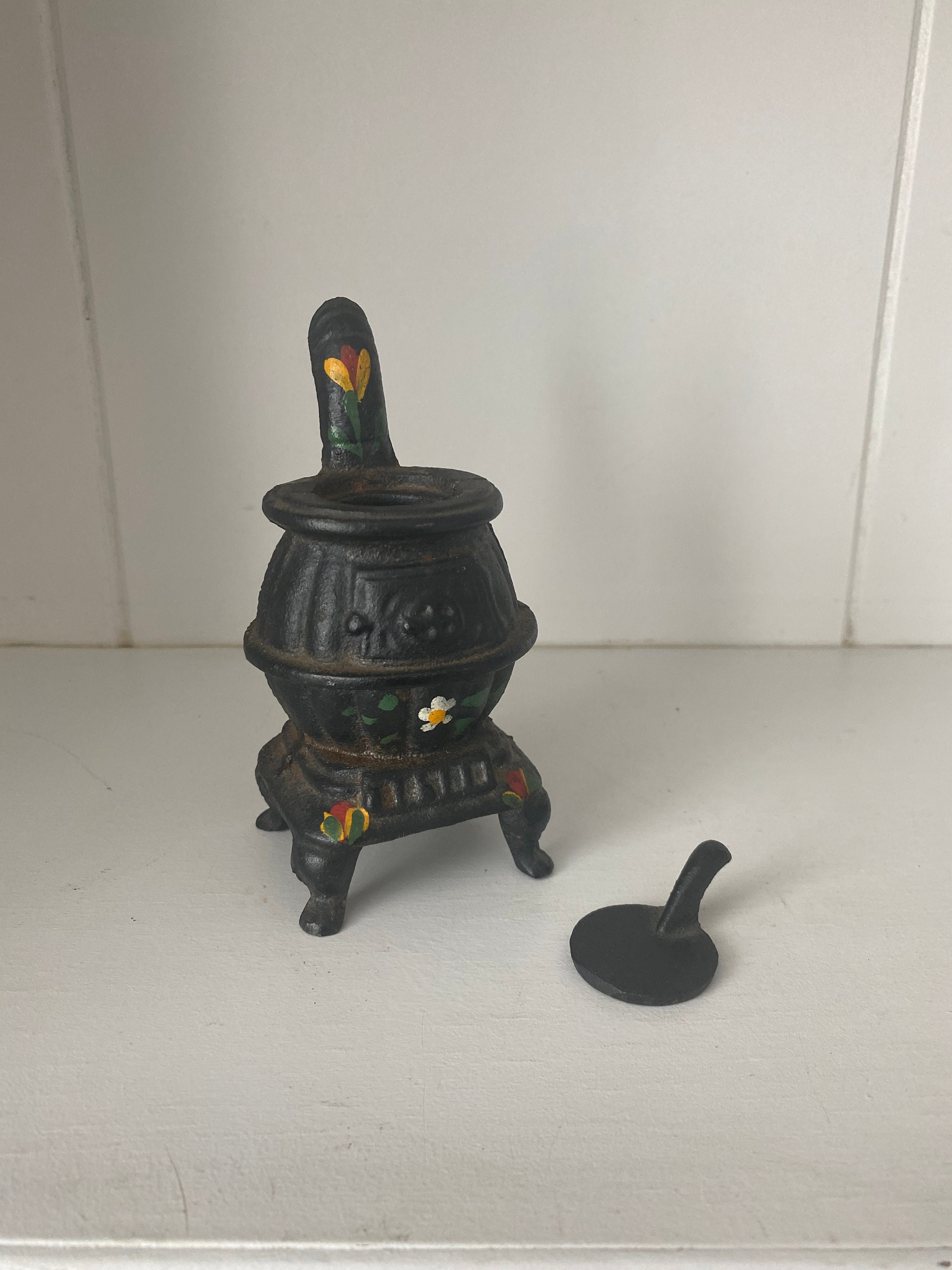 Miniature Cast Iron Stove Vintage Hand Painted Pennsylvania Dutch Folk Art