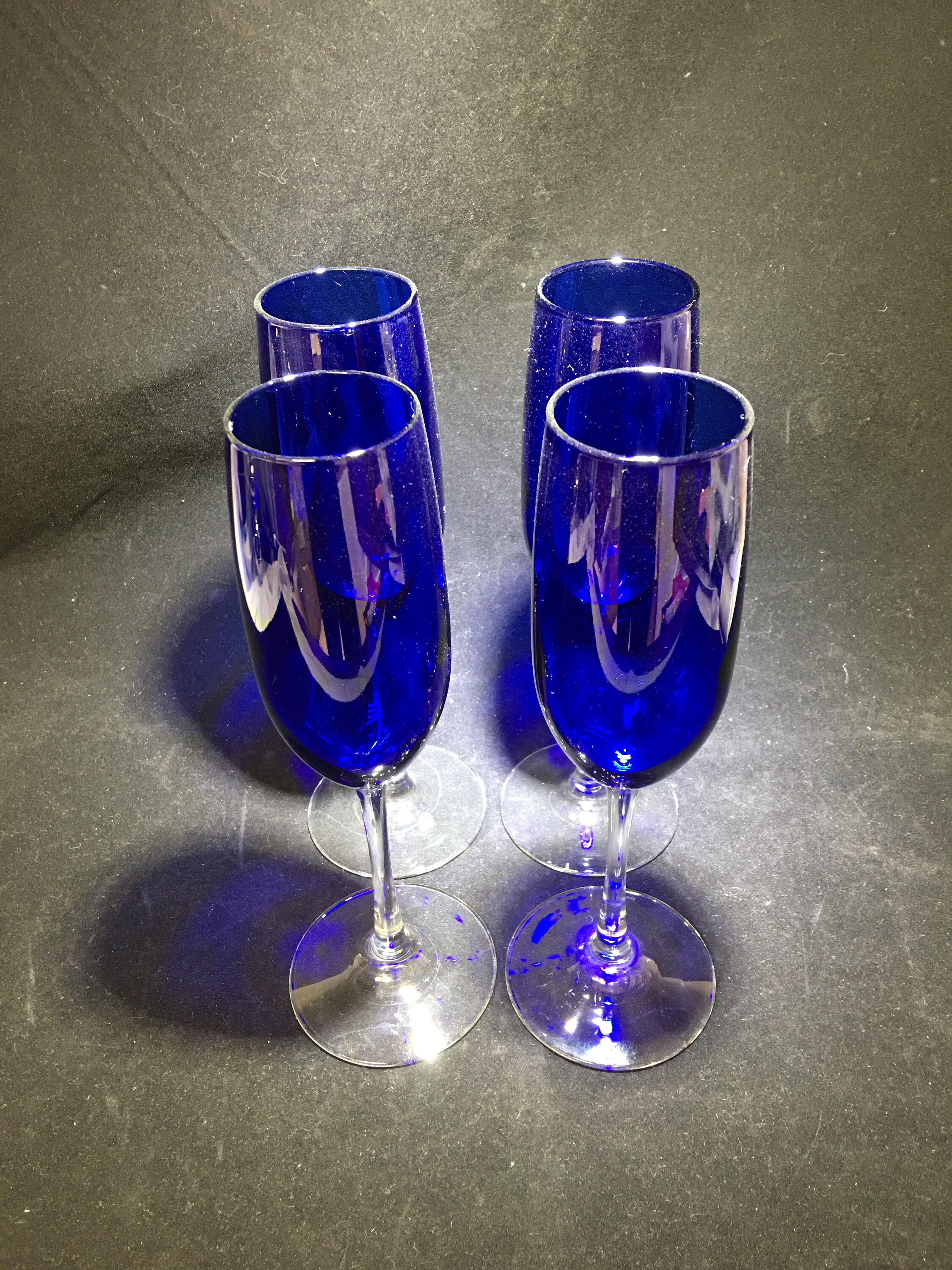 Vintage Cobalt Blue Clear Stem Champagne Flutes (8 oz), Set of 4