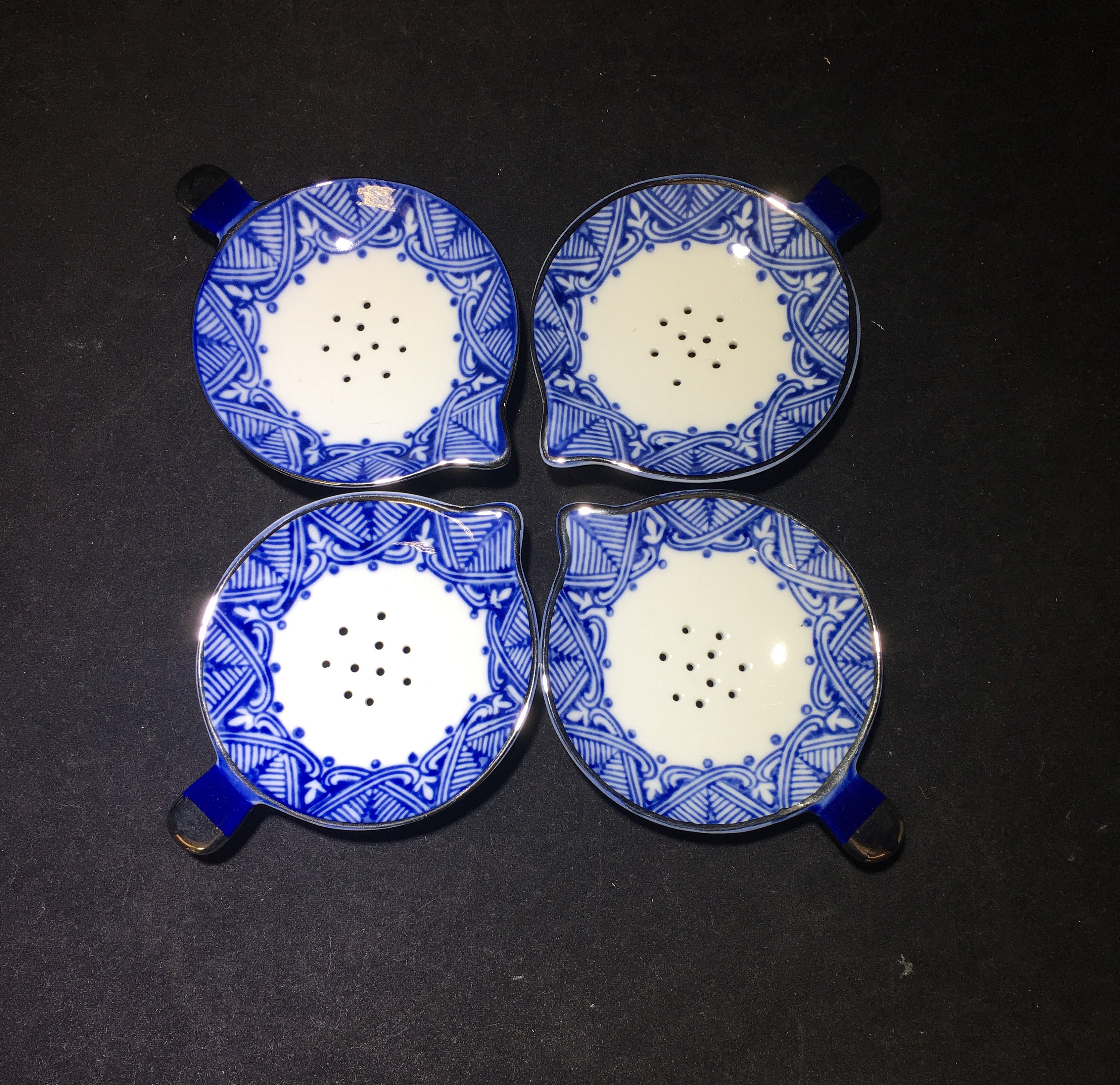 Vintage Bombay China Silver Handled Ceramic Tea Strainer, Set of 4