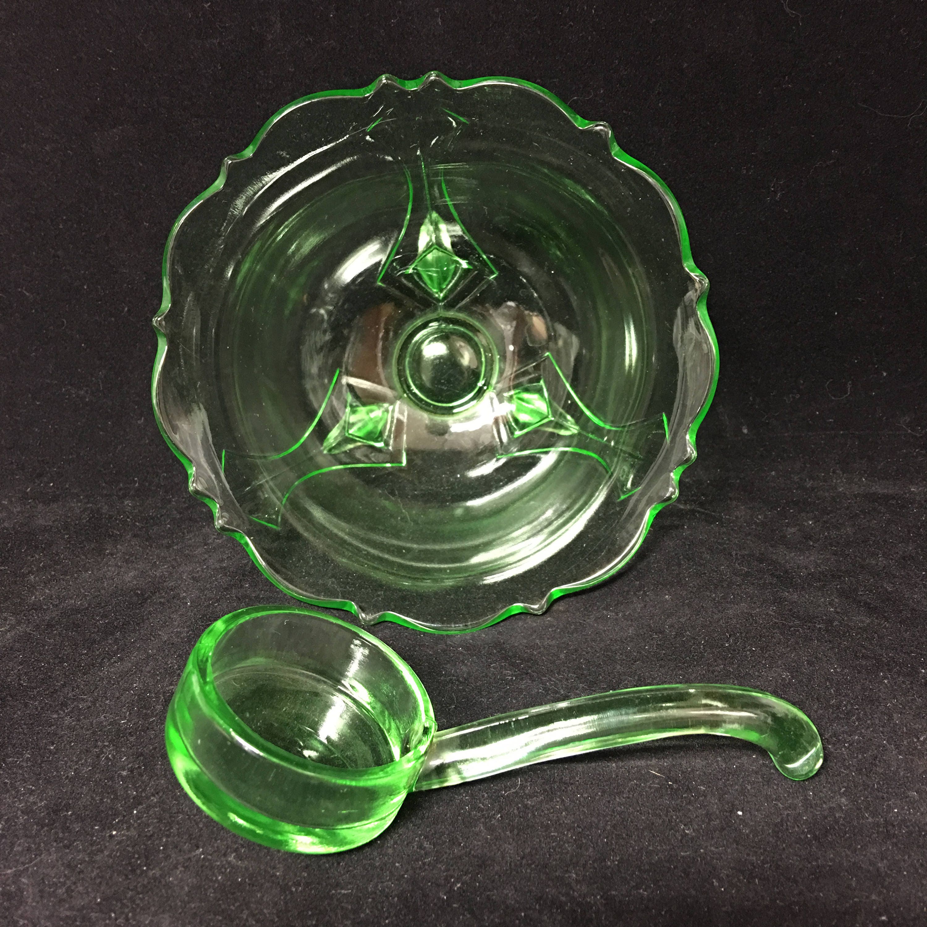 Vintage Green Footed Jelly Dish with Fluted edge and matching Jelly Spoon