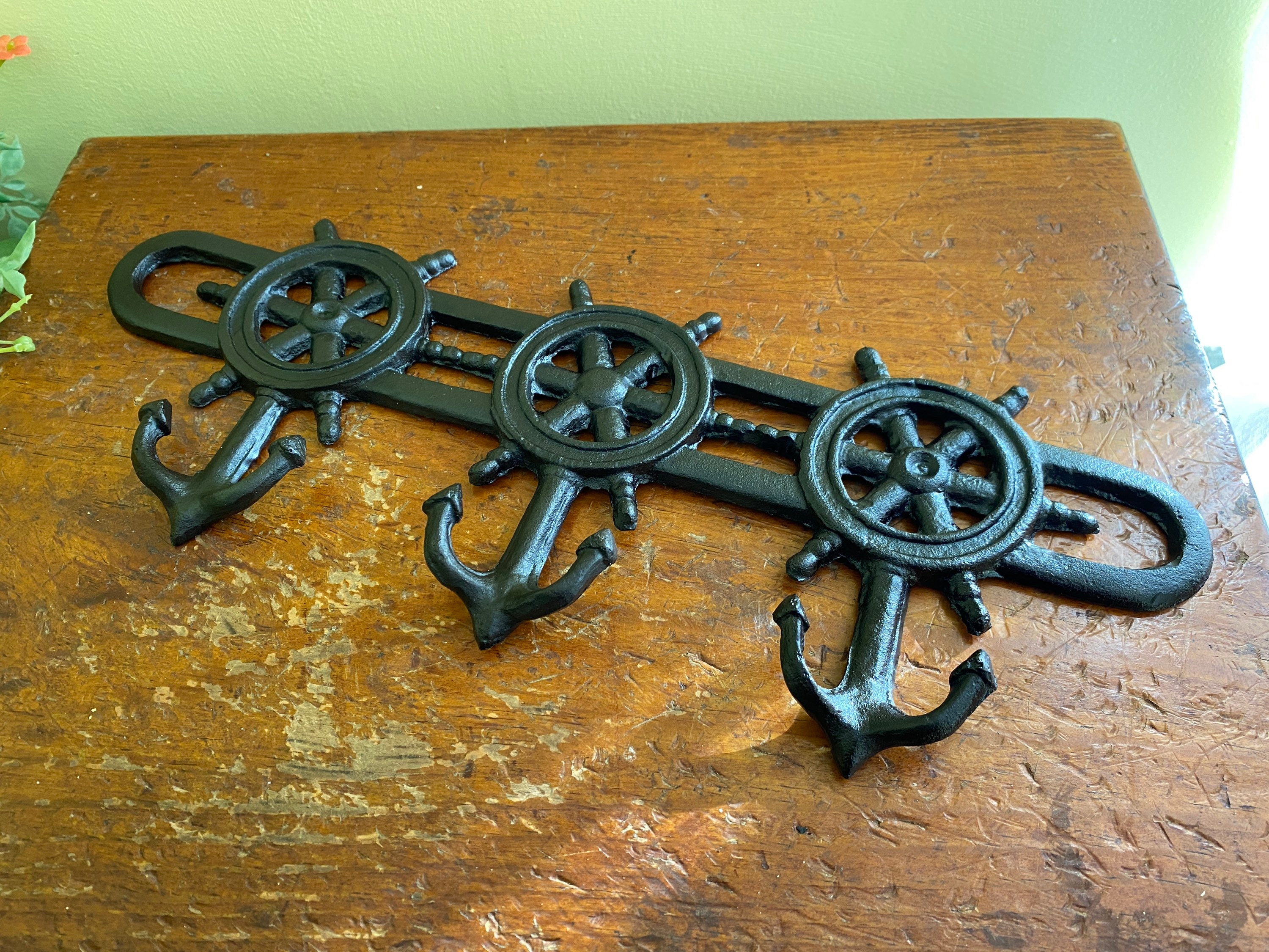 Cast Iron Wall Hooks Nautical / Sailing Ships Wheel and Anchor Design