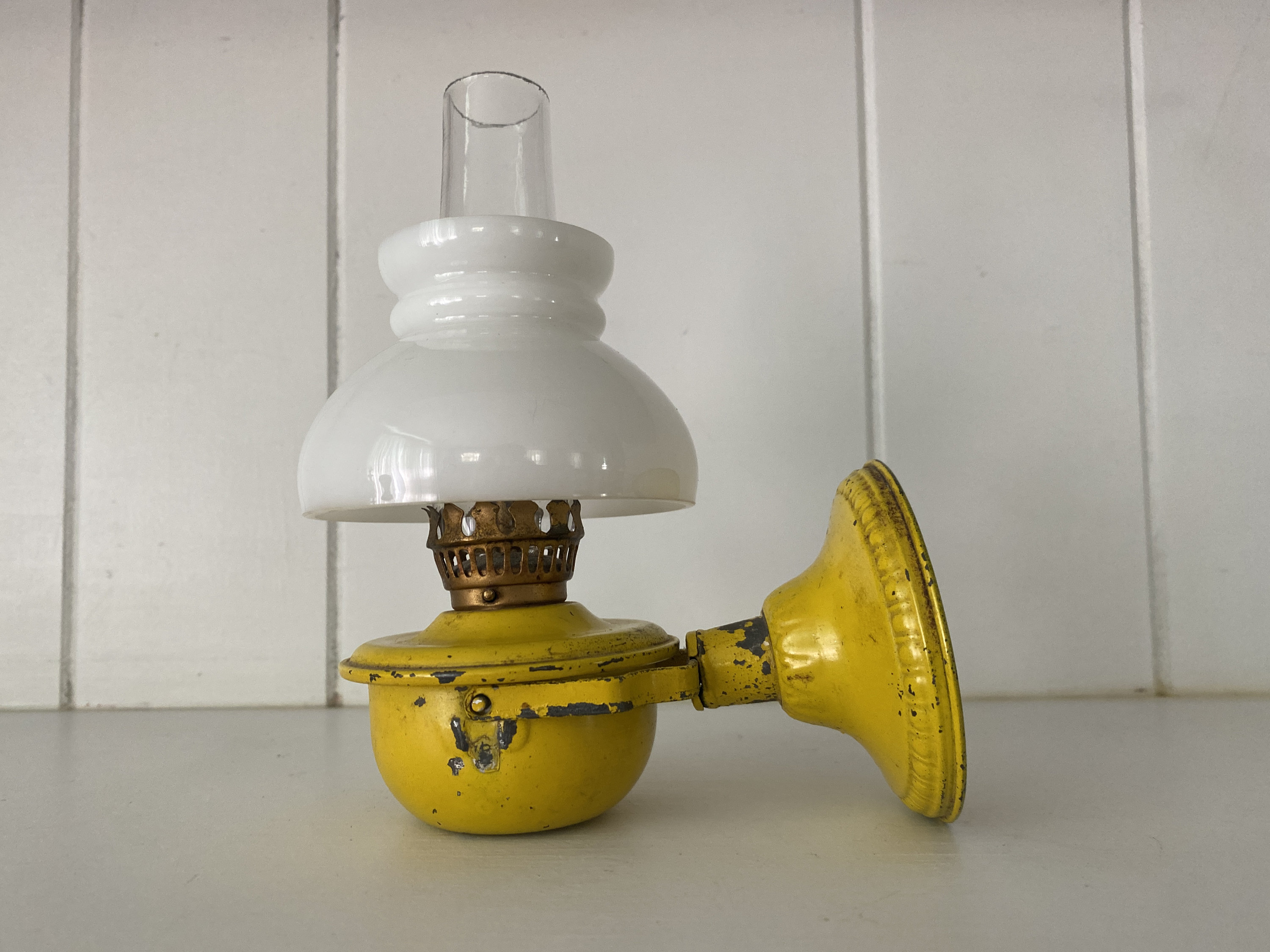 Rare Miniature Yellow Wall Mounted Vintage Oil Lamp With Shade