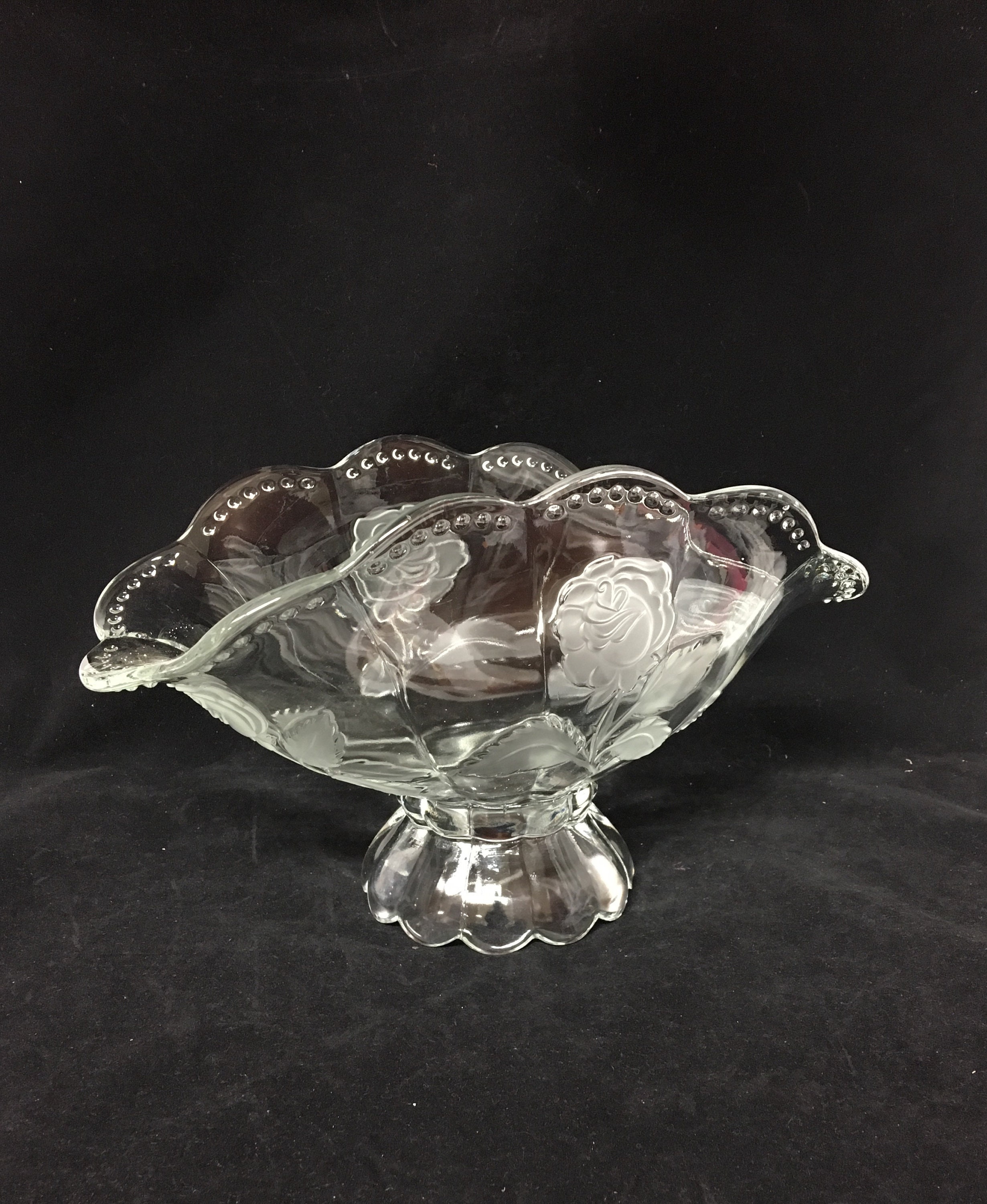 Vintage Clear Glass Rose Pattern Fan Shaped Footed Fruit Bowl