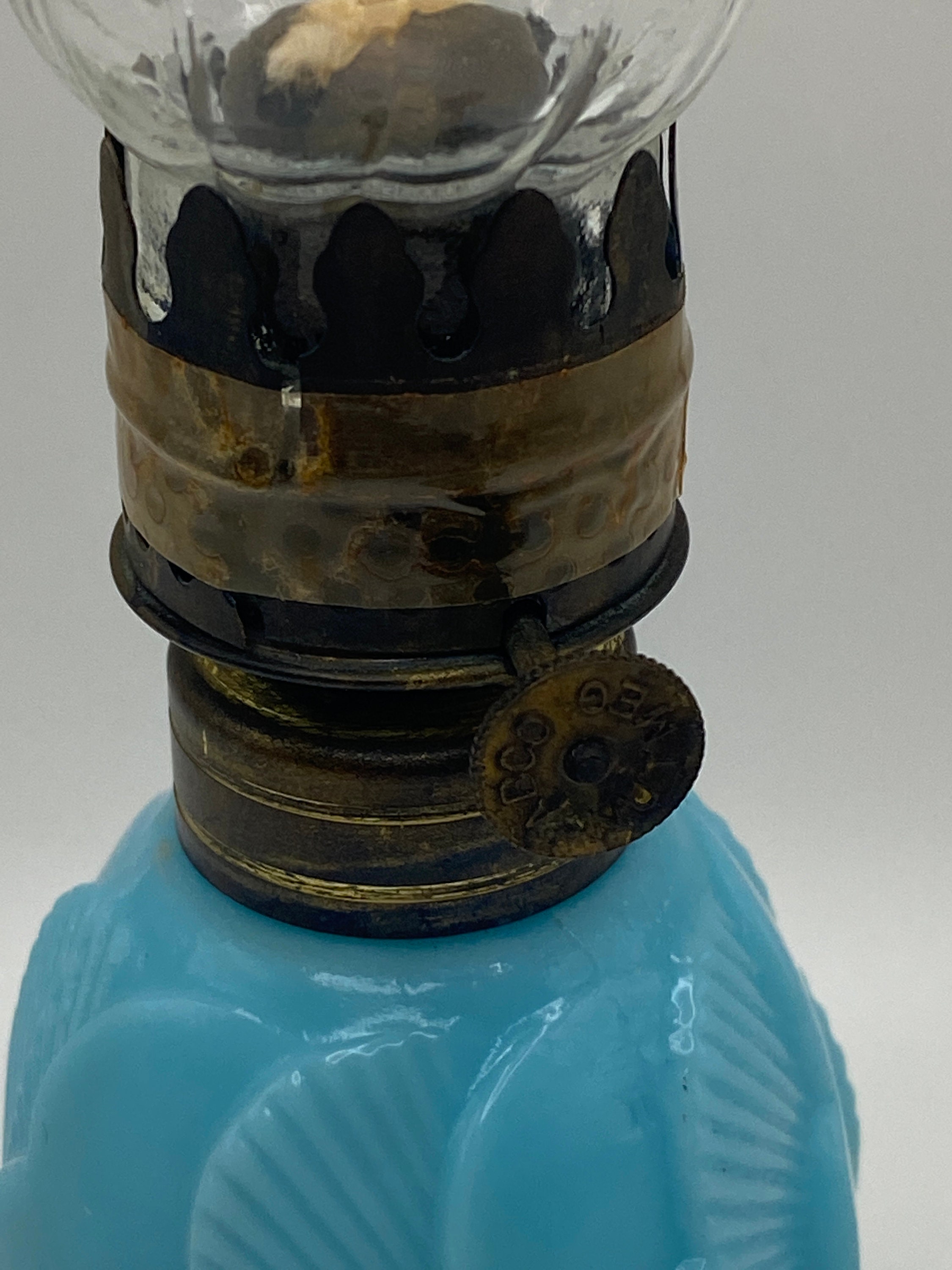 Miniature Nutmeg Blue Milk Glass Oil Lamp Rare Design