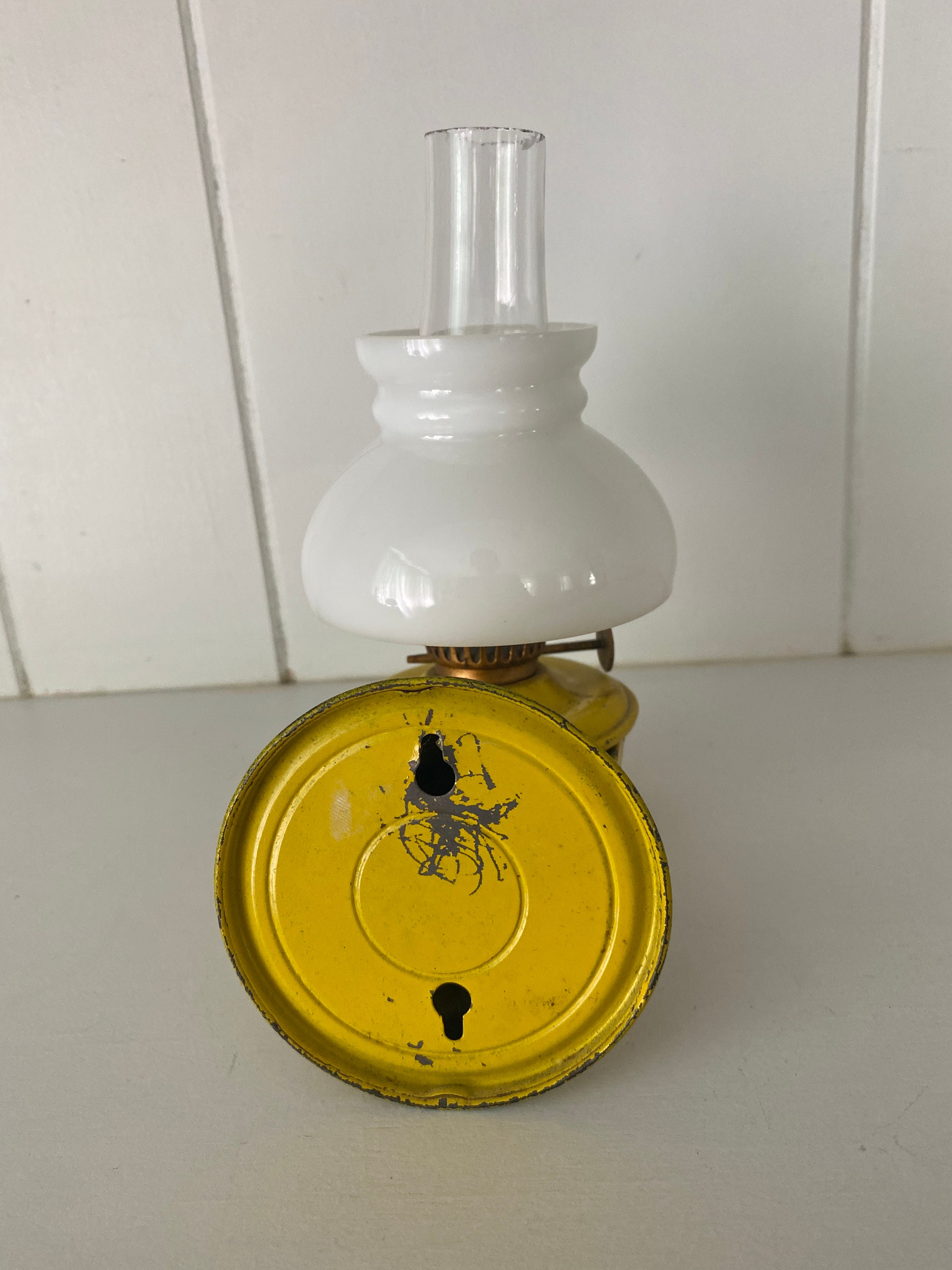 Rare Miniature Yellow Wall Mounted Vintage Oil Lamp With Shade