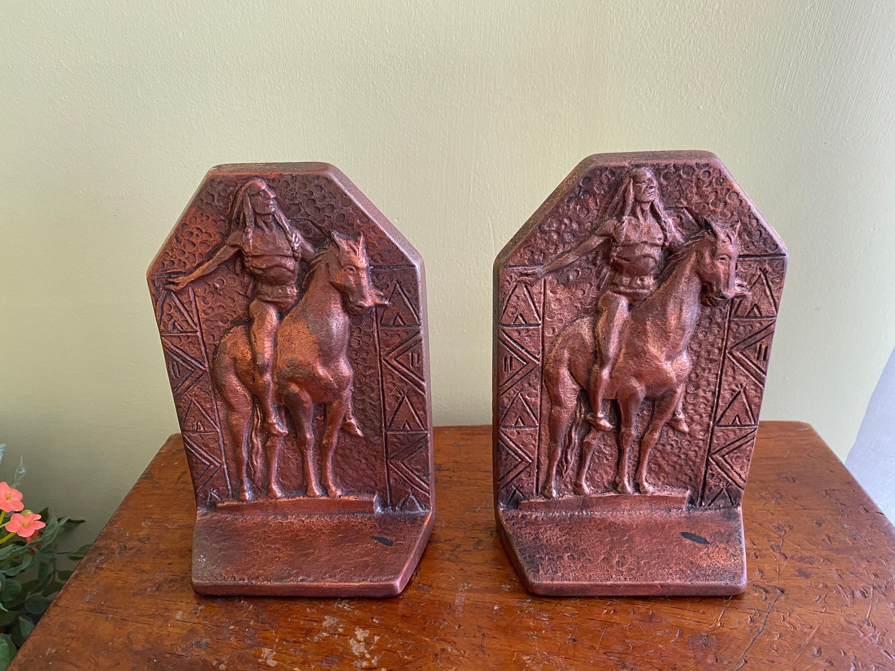 Bronzed Bookends Depicting Native American on Horseback