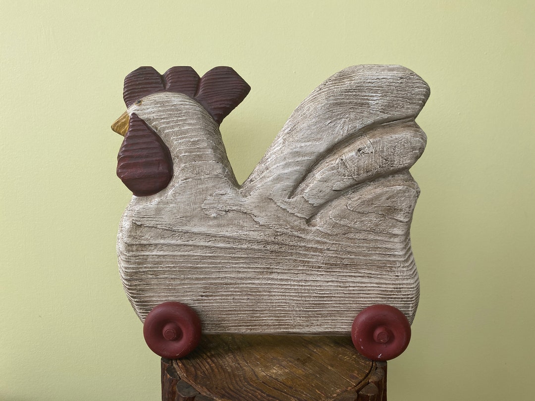 Wooden Rooster on Wheels Large Vintage Farmhouse Decor Hand-carved Folk ...