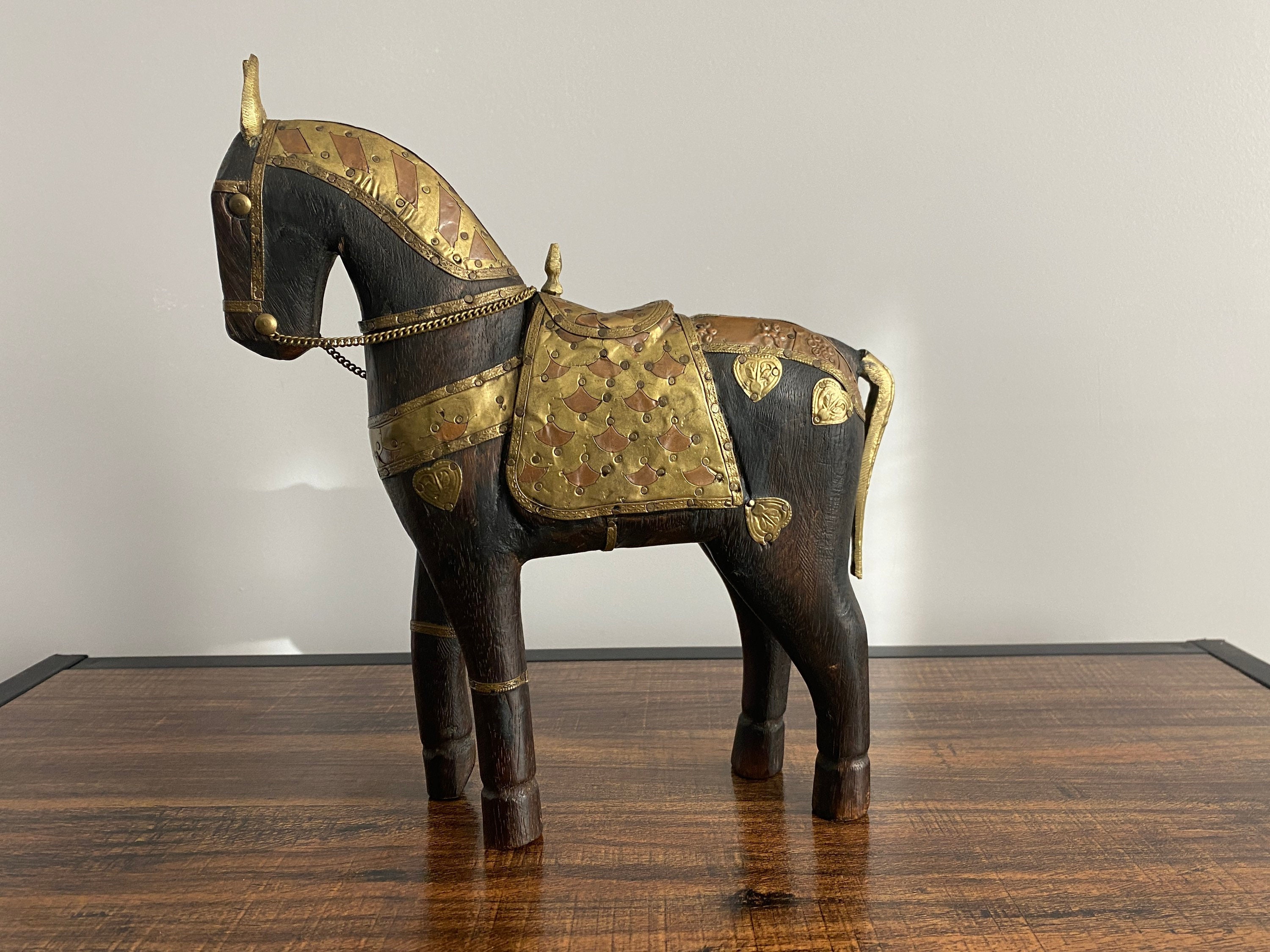 Mid-Century Hand Carved Wooden Horse With Brass Inlay