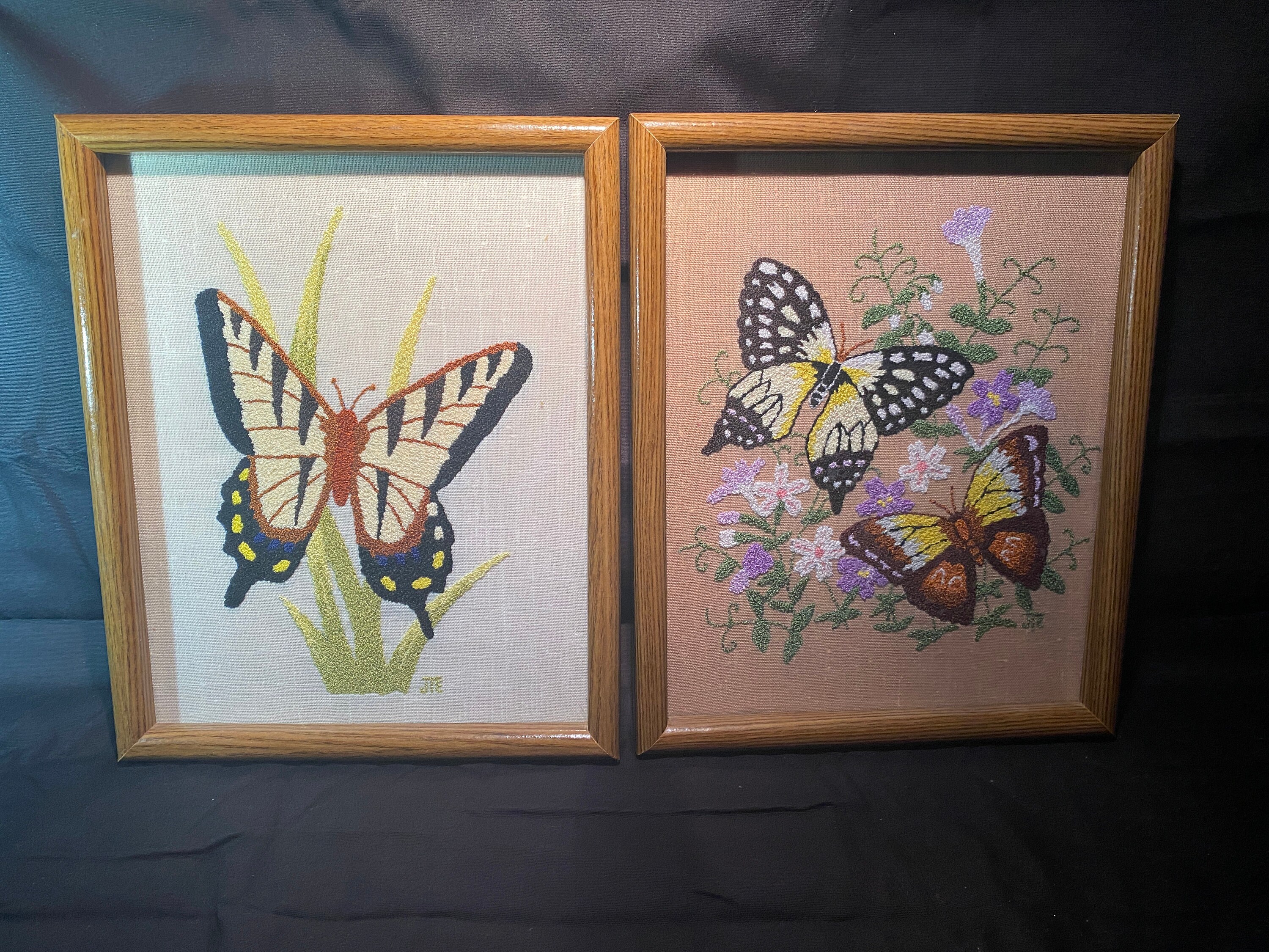 Framed Needlepoint Butterflies Vintage Embroidery Artwork